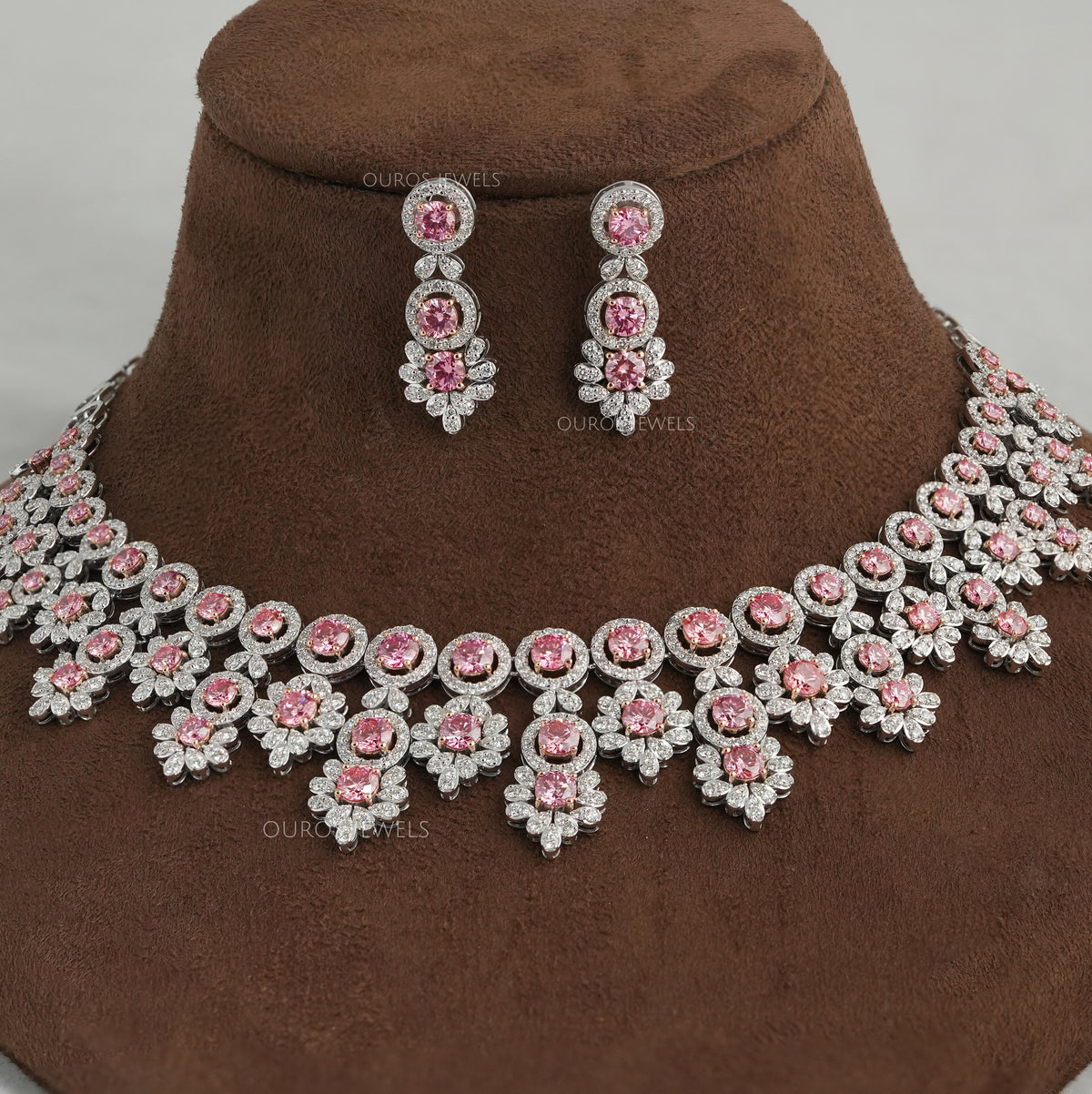 Pink Round Diamond Bridal Necklace Set — Ouros Jewels