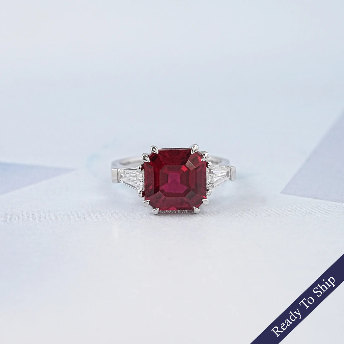 Three Stone Ruby Asscher Gemstone Engagement Ring — Ouros Jewels