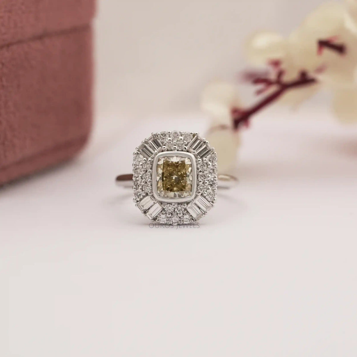 Yellow Cushion Cut Lab Diamond Bezel Set Cluster Ring — Ouros Jewels