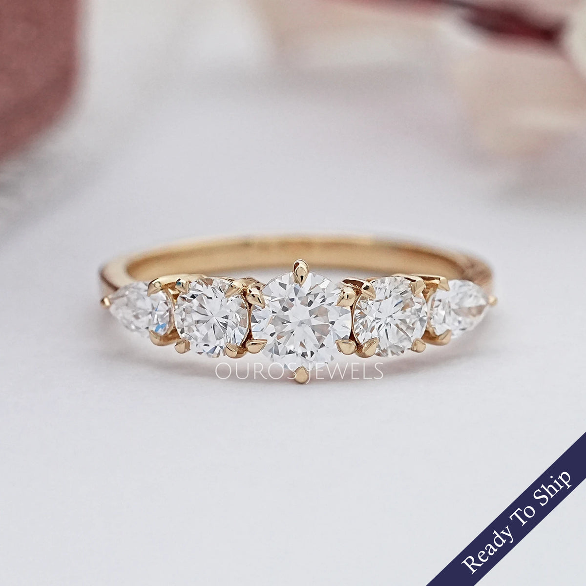 Round And Pear Diamond Five Stone Engagement Ring — Ouros Jewels