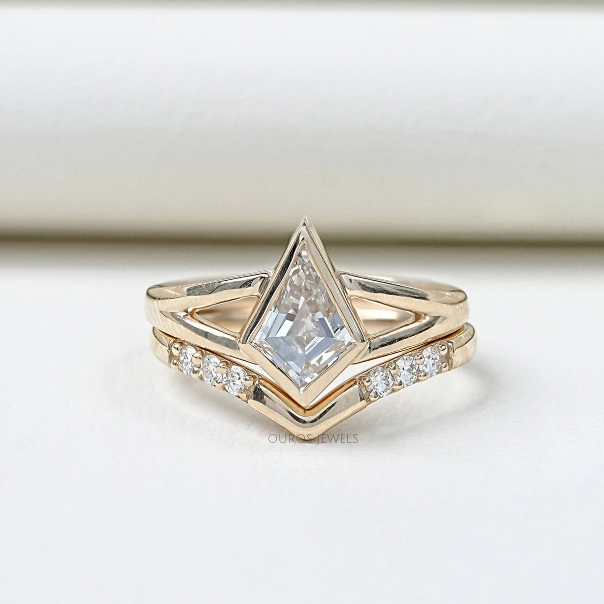 Kite Cut Lab Diamond Bezel Set Bridal Ring Set — Ouros Jewels