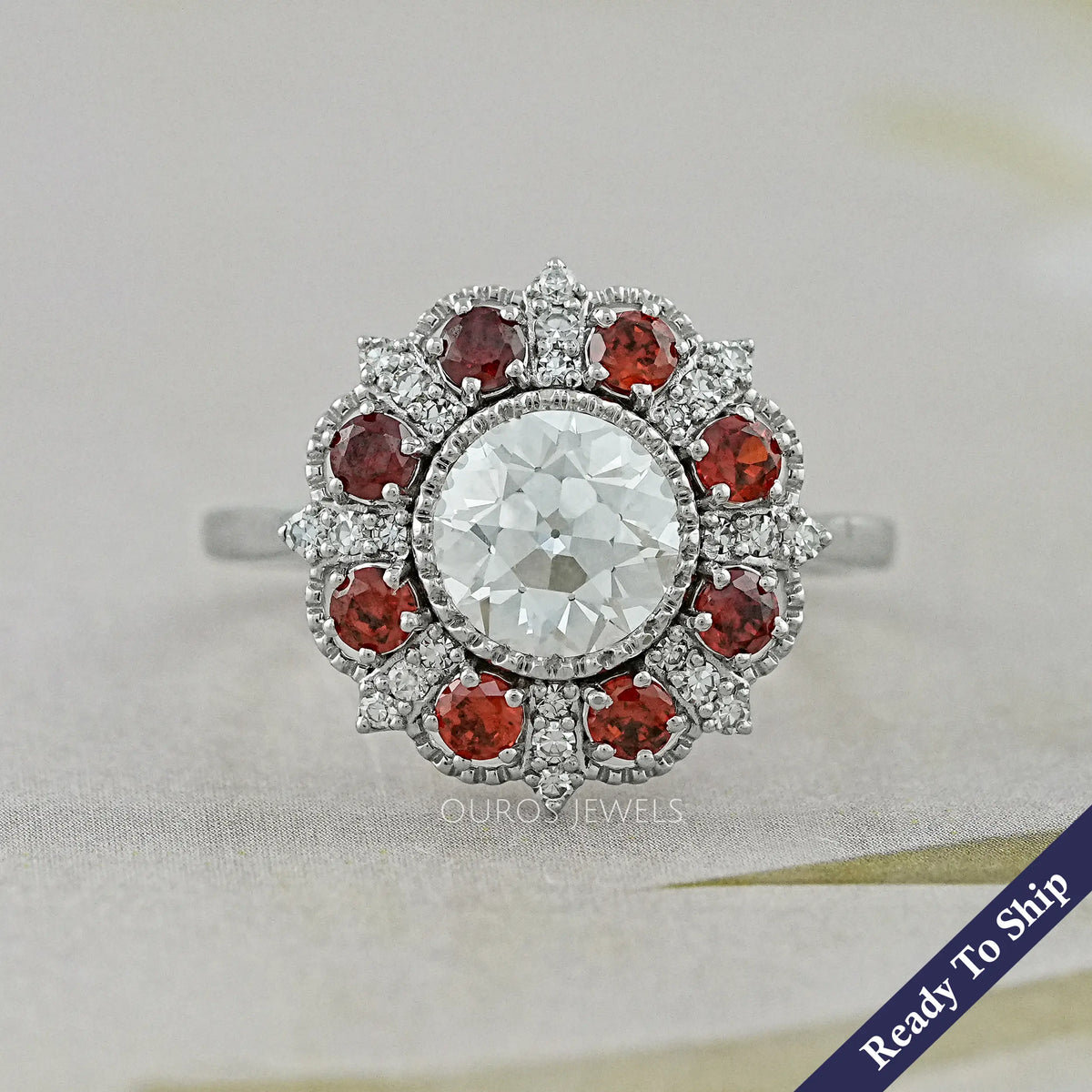 OEC Round Lab Diamond And Ruby Gemstone Halo Ring — Ouros Jewels