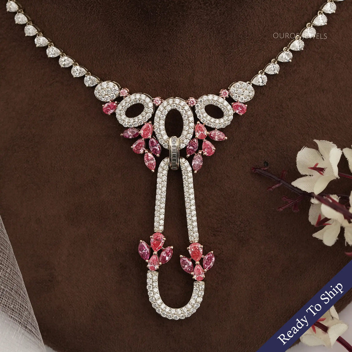Pink Pear And Marquise Diamond Cluster Bridal Necklace — Ouros Jewels