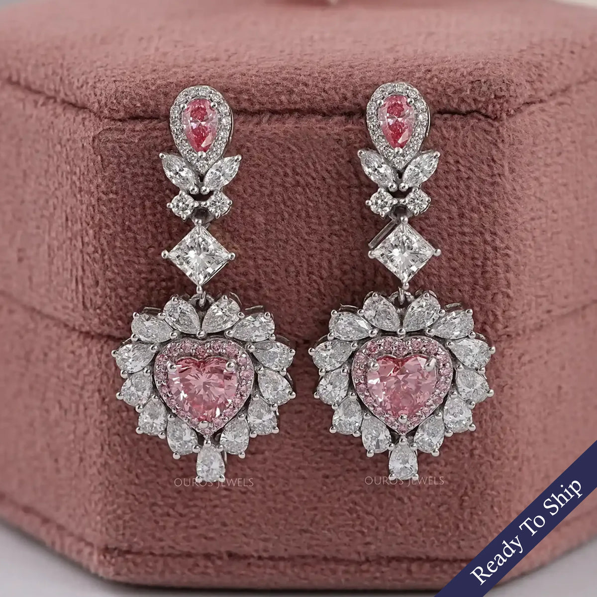 Pink Heart Lab Diamond Double Halo Drop Earrings — Ouros Jewels