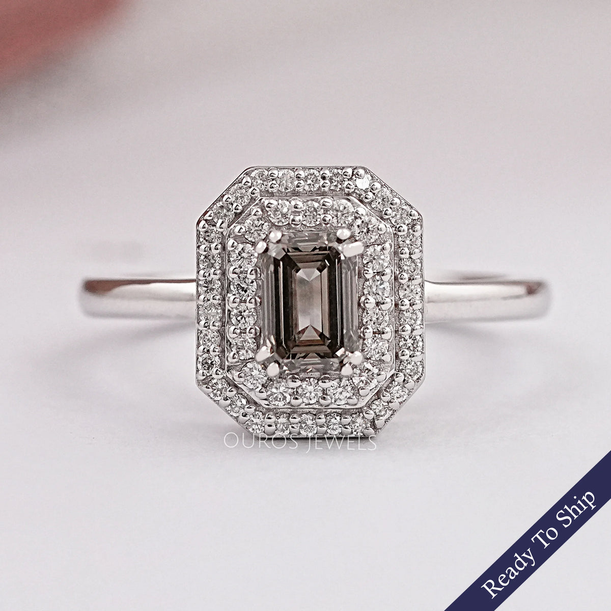 Olive Emerald Cut Lab Diamond Double Halo Engagement Ring — Ouros Jewels