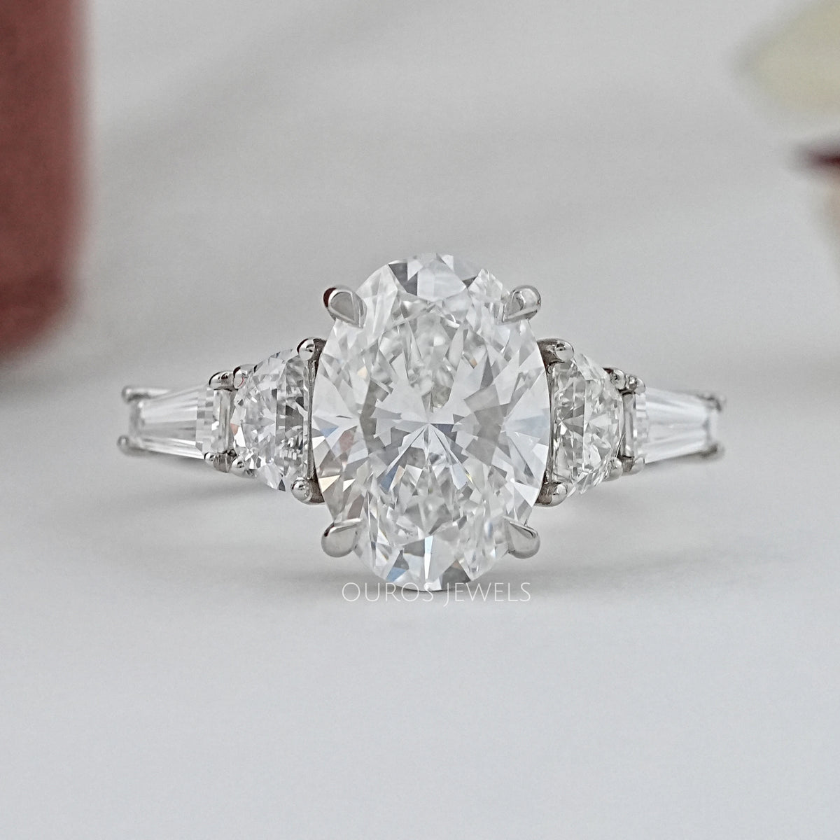 Oval And Half Moon Diamond Five Stone Engagement Ring — Ouros Jewels