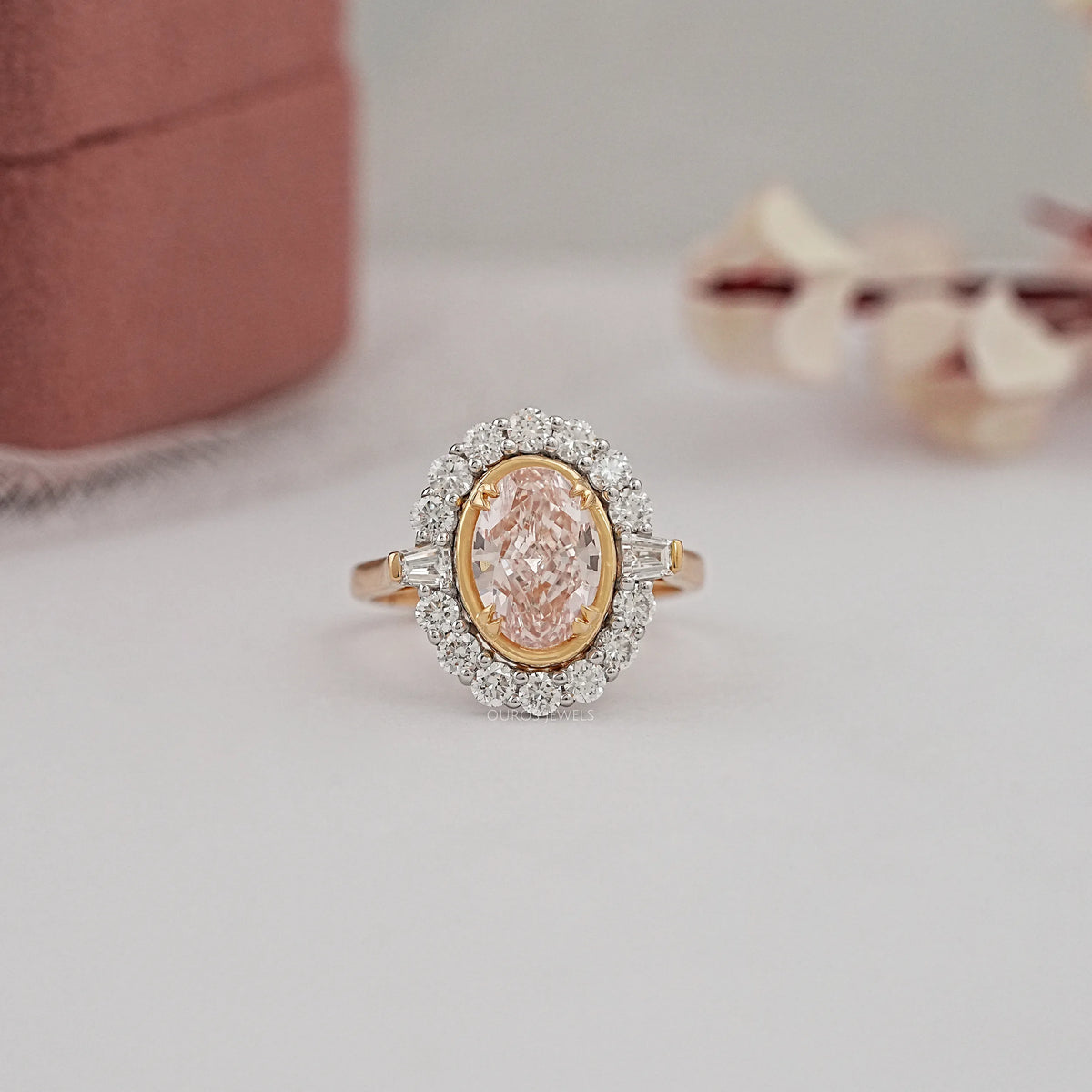 Pink Oval Diamond Halo Engagement Ring — Ouros Jewels
