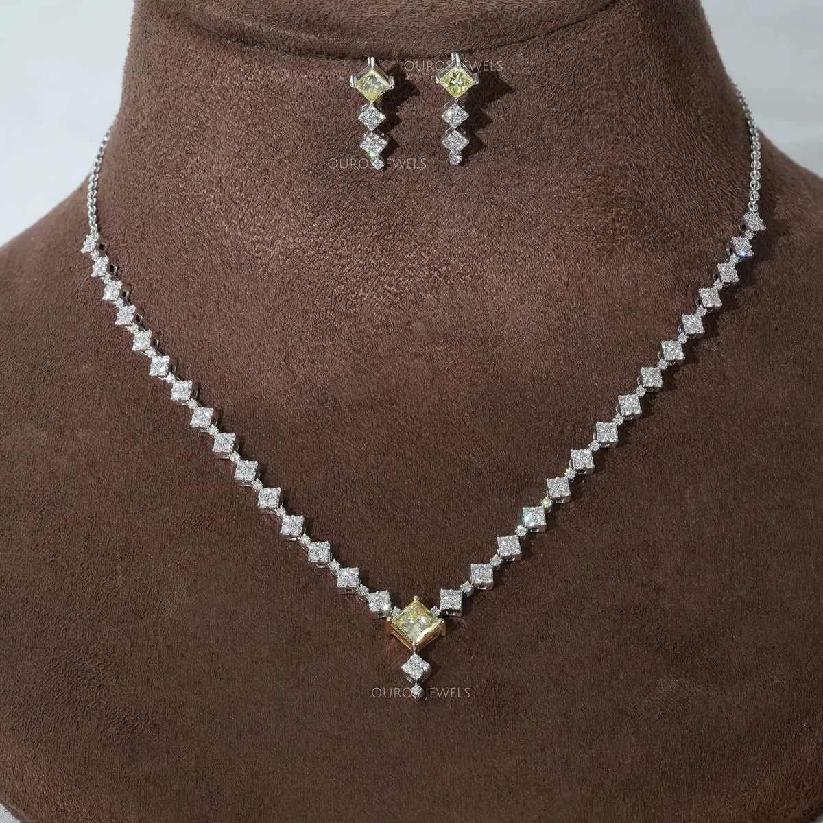 Princess and Round Diamond Cluster Necklace — Ouros Jewels