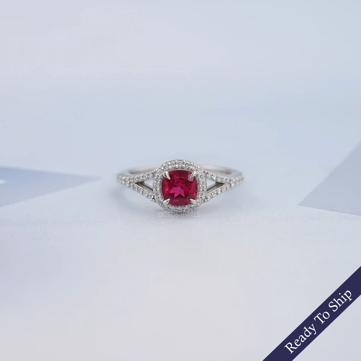 Ruby Cushion Gemstone Split Shank Halo Ring — Ouros Jewels