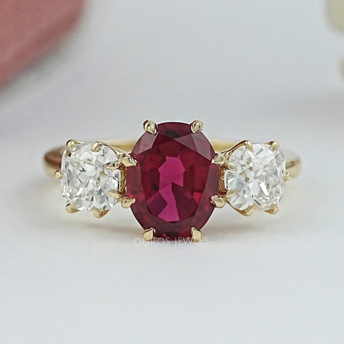 Three Stone Ruby Oval Gemstone Engagement Ring — Ouros Jewels
