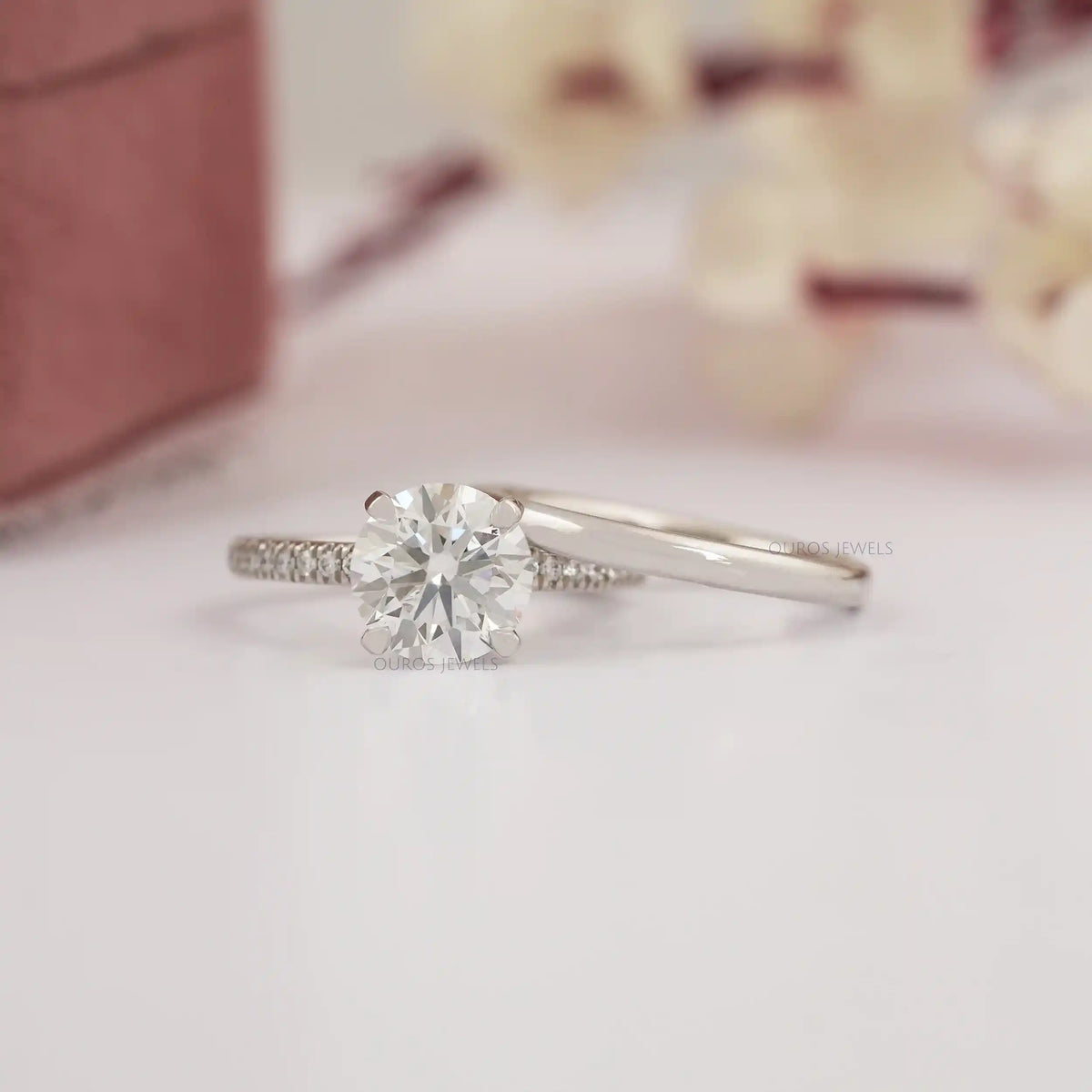 Round Solitaire Engagement Ring With Diamond Wedding Band — Ouros Jewels