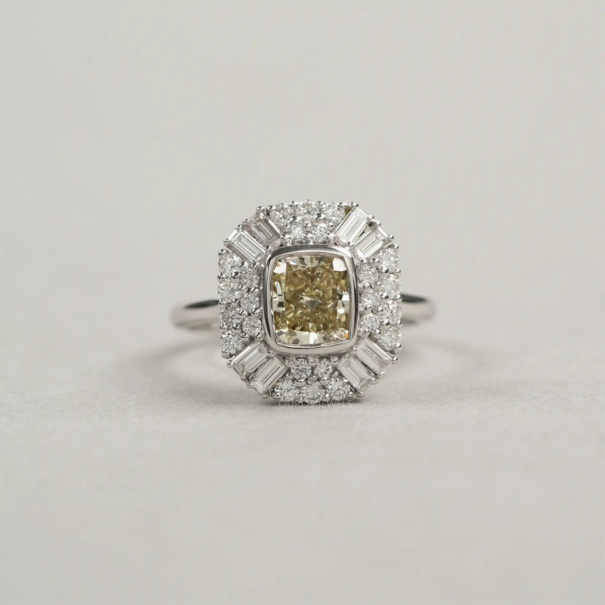 Yellow Cushion Cut Bezel Set Cluster Diamond Ring — Ouros Jewels