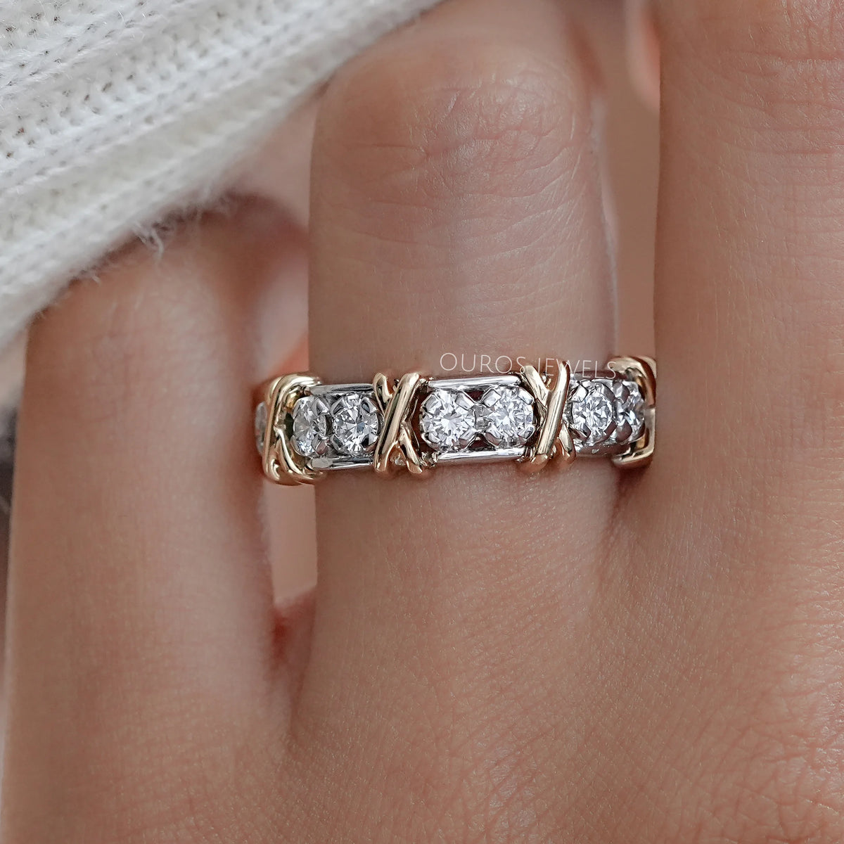 Two Tone Round Diamond Crossover Eternity Band — Ouros Jewels