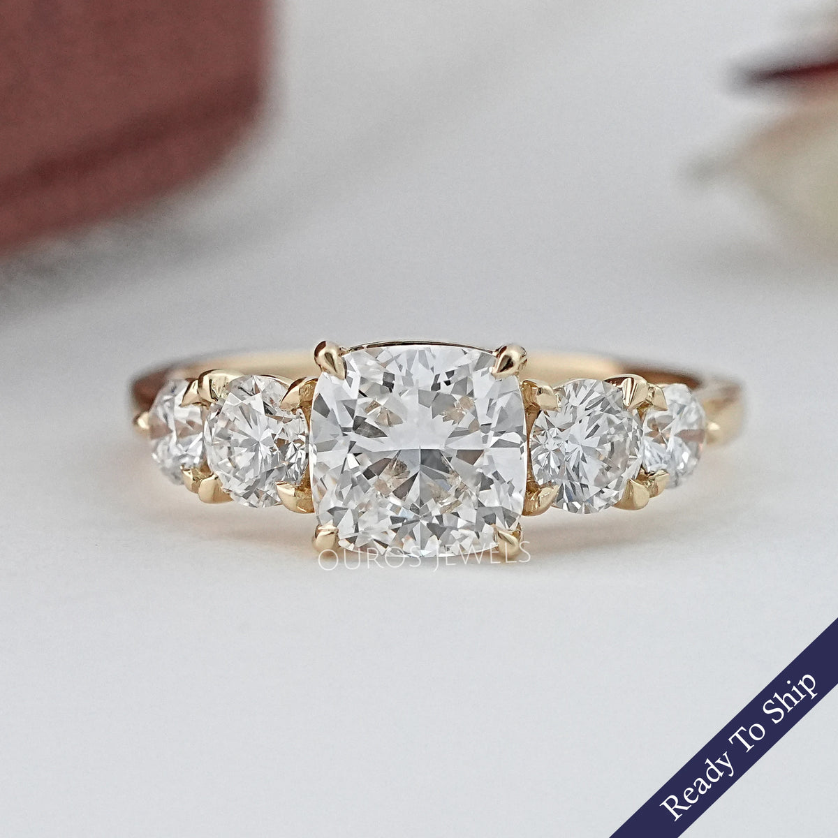 Five Stone Cushion Lab Grown Diamond Engagement Ring — Ouros Jewels